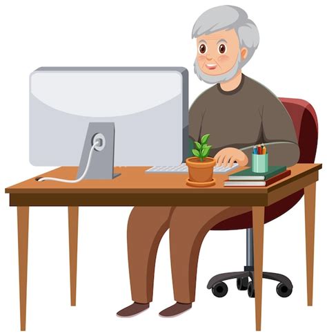 Premium Vector Old Man Sitting In Front Of Computer