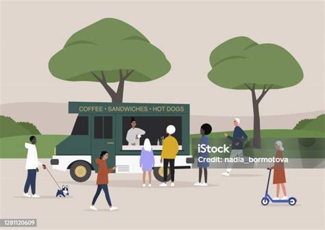 여름 주말 공원 장면 사람들이 자신의 개를 산책 조깅 전기 스쿠터를 타고 푸드 트럭에서 커피를 주문 사람들에 대한 스톡 벡터