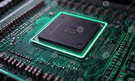 Close Up View Green Lit Cpu On Circuit Board With Various Electronic Components And Traces