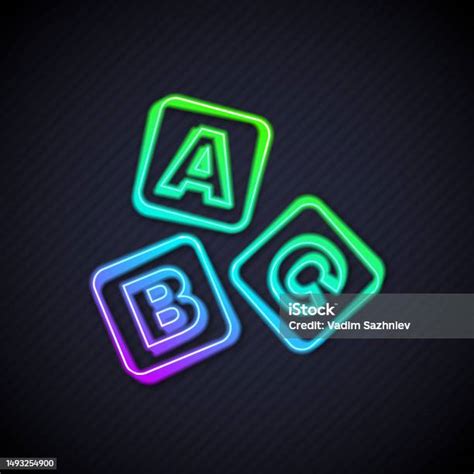 빛나는 네온 라인 Abc 블록 아이콘은 검은 색 배경에 격리 문자 A B C 벡터와 알파벳 큐브 건축하기에 대한 스톡 벡터 아트