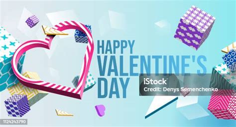 발렌타인의 날 배너 3d 심장 다채로운 큐브 삼각형 추상적인 기하학적 배경입니다 엽서 사랑 메시지 텍스트에 대 한 인사말 카드 장소 준비 귀하의 디자인에 대 한 광고 벡터