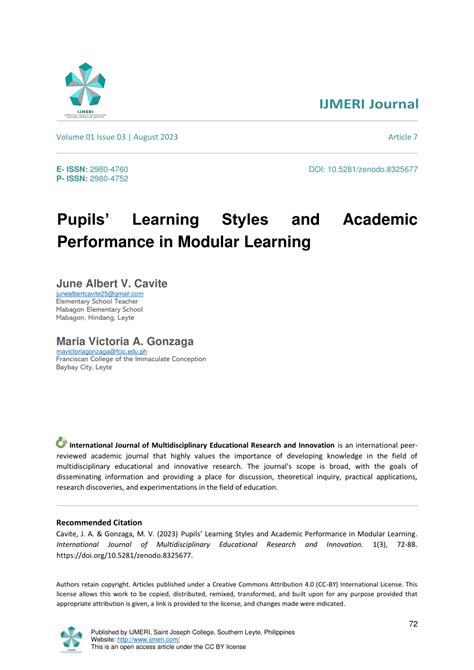 Pdf Pupils Learning Styles And Academic Performance In Modular Learning