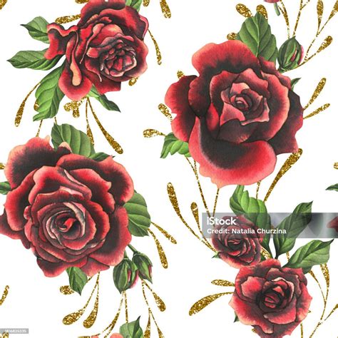 녹색 잎과 새싹이 있는 빨간색검은색 장미 꽃 황금색 가지가 세련되고 밝고 아름답습니다 손으로 그린 수채화 그림입니다 장식과 디자인을 위해 흰색 배경에 이음매없는 패턴