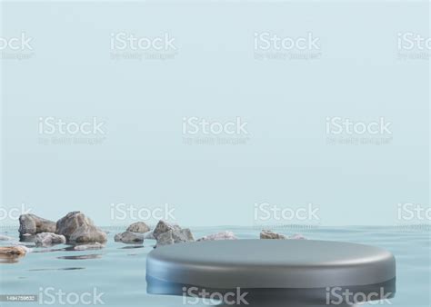 둥근 연단은 바위 파란색 배경으로 물 속에 서 있다 제품 화장품 프리젠테이션을 위한 모형 미용 제품을 위한 받침대 또는 플랫폼
