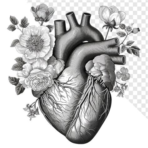 Premium Psd Anatomically Correct Human Heart With Monochrome Floral Designpsd