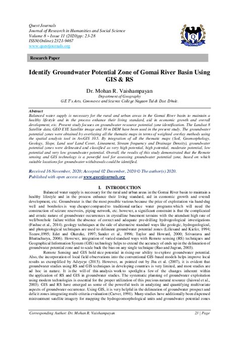 Pdf Identify Groundwater Potential Zone Of Gomai River Basin Using Gis And Rs