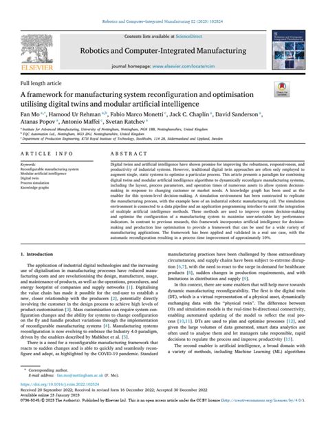 A Framework For Manufacturing System Reconfiguration And Optimisation Utilising Digital Twins