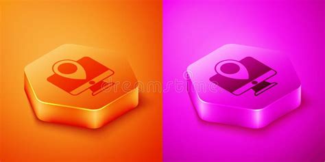Isometric Computer Monitor And Folded Map With Location Marker Icon Isolated On Orange And Pink