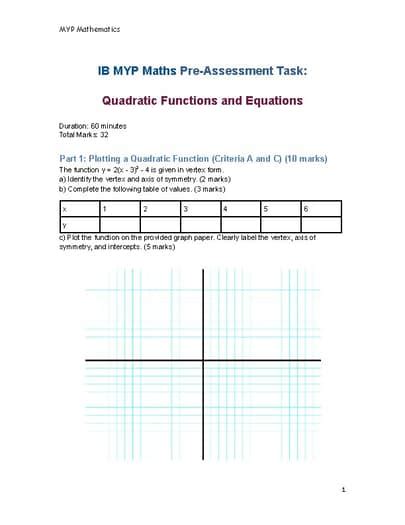 Ib Myp Maths Quadratic Functions And Equations Pre Assessment Task