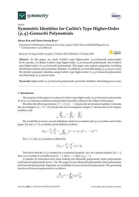 Pdf Symmetric Identities For Carlitzs Type Higher Order P Q Genocchi Polynomials