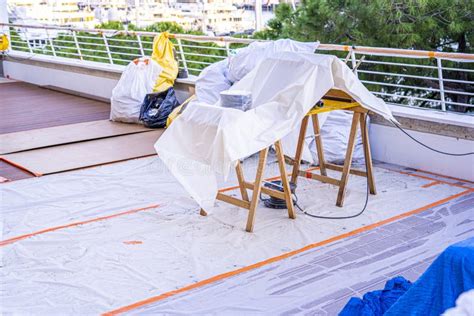 Construction Of A Wooden Terrace On A Balcony A New Wooden Timber Deck Being Constructed Stock