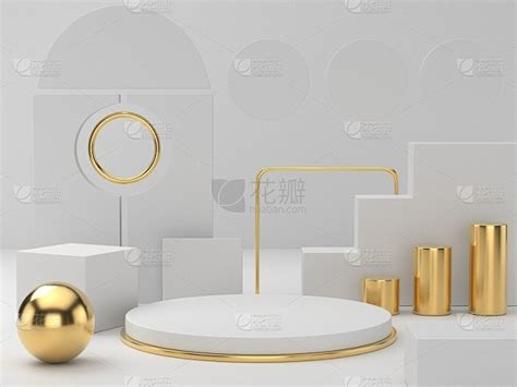 白色金色基座基座的3d渲染清晰的背景，抽象简约的基座空白空间用于美妆产品，干净的设计豪华极简模型舞台