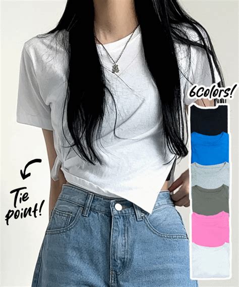 6컬러 베이직 매듭 크롭 반팔 티셔츠 에이블리