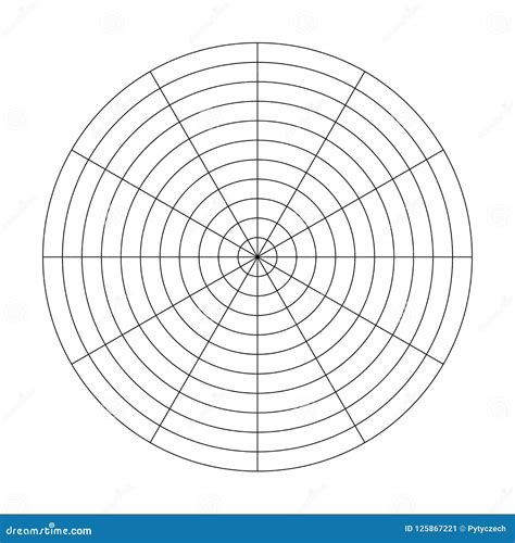 Polar Grid Of 10 Concentric Circles And 30 Degrees Steps Blank Vector