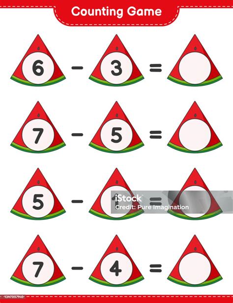 게임을 계산 수박의 수를 계산하고 결과를 작성합니다 교육 어린이 게임 인쇄 워크 시트 벡터 일러스트레이션 0명에 대한 스톡 벡터 아트 및 기타 이미지 Istock