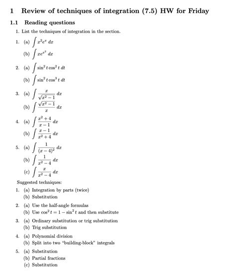 Solved 1 ﻿review Of Techniques Of Integration 75 ﻿hw For