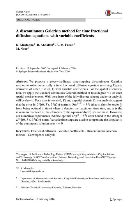 Pdf A Discontinuous Galerkin Method For Time Fractional Diffusion Equations With Variable