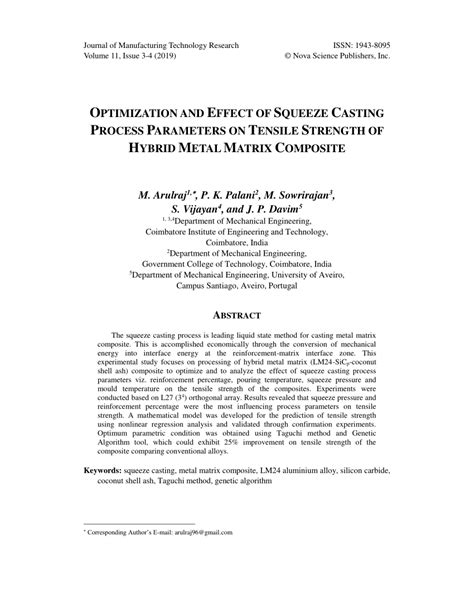 pdf optimization and effect of squeeze casting process parameters on tensile strength of