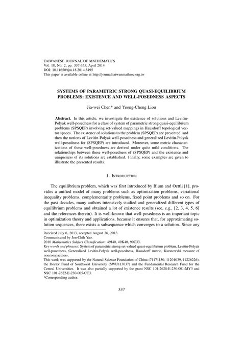Pdf Systems Of Parametric Strong Quasi Equilibrium Problems Existence And Well Posedness Aspects
