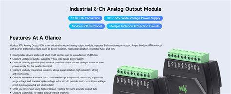 Waveshare Industrial 8 Ch Analog Output Module 12 Bit Da Conversion Supports 8 Ch