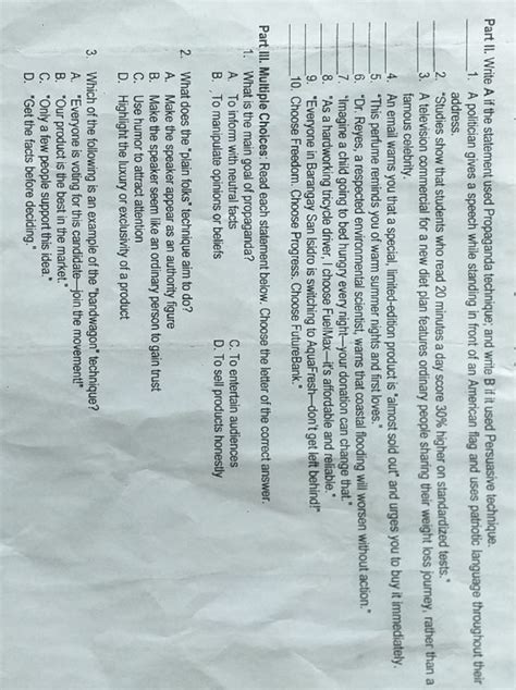 Part Ii Write A If The Statement Used Propaganda Technique And Write B