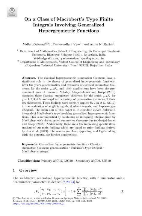 Pdf On A Class Of Macroberts Type Finite Integrals Involving Generalized Hypergeometric Functions