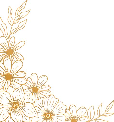 Gold Floral Corner Border With Hand Drawn Leaves And Flowers For