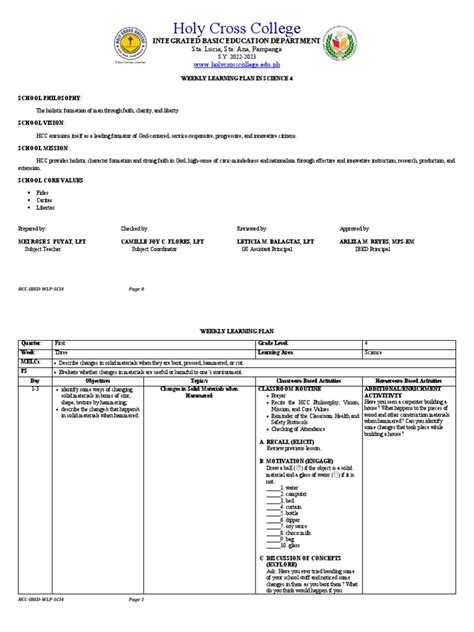 Science 4 Weekly Learning Plan Week 3 Pdf Cognition Cognitive