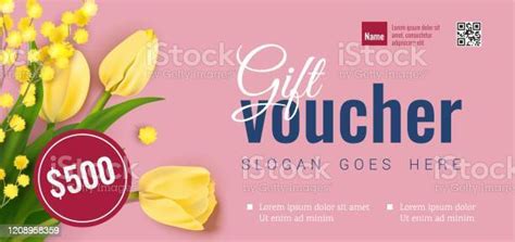 노란색 튤립과 미모사 꽃 밝은 다채로운 선물 바우처 템플릿 미모사에 대한 스톡 벡터 아트 및 기타 이미지 미모사 0명 3월 Istock