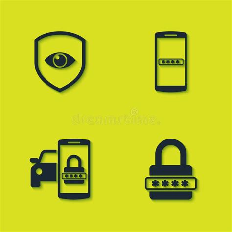 Set Shield And Eye Password Protection Smart Car Security System And Mobile Password Icon