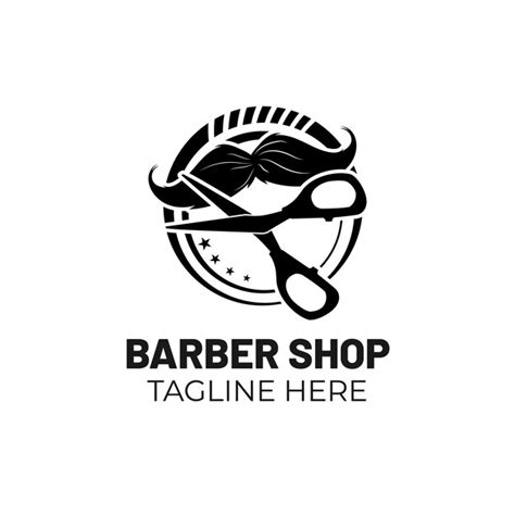 수염 난 남자와 이발사 도구가 있는 이발소 로고 템플릿 프리미엄 벡터
