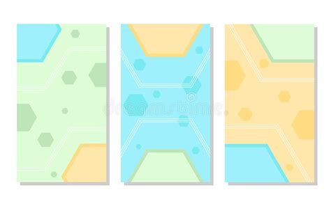 Set Of Pastel Blue Green And Orange Abstract Portrait Background With Hexagon Pattern And Lines