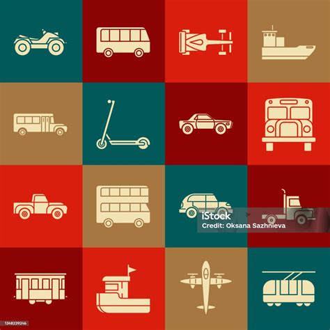 설정 트램 과 철도 배달화물 트럭 차량 학교 버스 공식 경주 스쿠터 모든 지형 차량 Atv 오토바이와 세단 아이콘 벡터 교육에