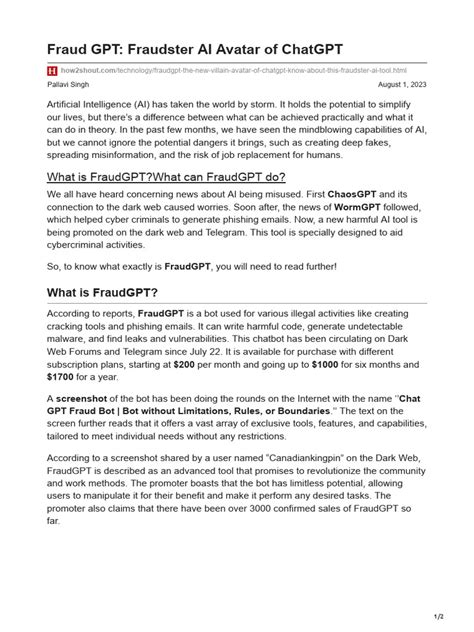 Fraud Gpt Fraudster Ai Avatar Of Chatgpt Pdf Artificial
