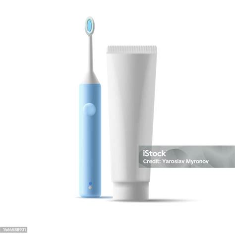 파란색의 전동 칫솔과 페이스트 3d 치약의 흰색 튜브 치아 관리 레이아웃 및 치과 진료소 치약에 대한 스톡 벡터 아트 및 기타 이미지 Istock