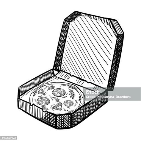 피자 상자의 손으로 그린 잉크 세트입니다 스케치 피자 상자를 엽니다 골판지 상자에 손으로 그린 피자 배달 빈티지 잉크 그림입니다