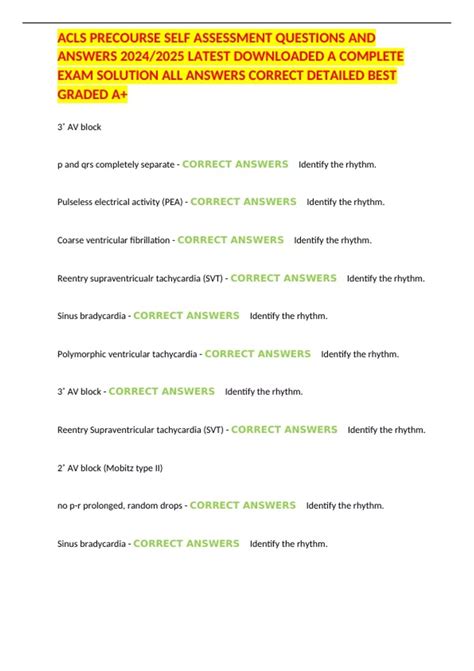 Acls Precourse Self Assessment Questions And Answers 2024 2025 Latest Downloaded A Complete Exam