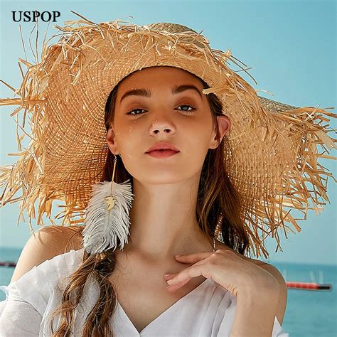 Uspop 뜨거운 여름 라피아 넓은 챙 태양 모자 여성 손으로 만든 밀짚 모자 여름 자연 밀짚 비치 모자 캐주얼 Uv 보호 그늘