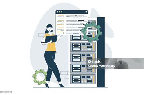 웹을 위한 플랫 디자인에서 사람 장면이 있는 서버 유지 관리 개념입니다 하드웨어 랙 룸 설정 및 엔지니어링에서 모니터링하는 여성 소셜 미디어 배너 마케팅 자료에 대한 벡터