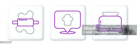 라인 토스터 반죽에 롤링 핀 위치 아이콘이 있는 요리사 모자를 설정합니다 벡터 굴리기에 대한 스톡 벡터 아트 및 기타 이미지 굴리기 금속 다중 색상 Istock