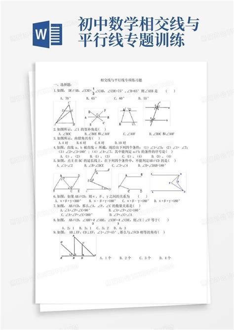初中数学相交线与平行线专题训练Word模板下载 编号lkapdyyj 熊猫办公