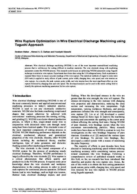 Pdf Wire Rupture Optimization In Wire Electrical Discharge Machining Using Taguchi Approach
