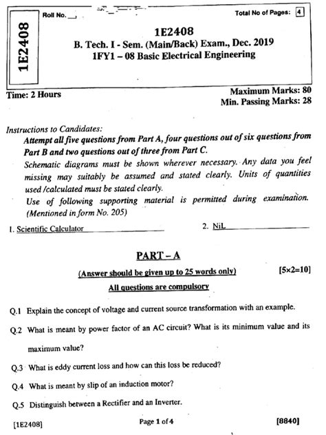 Btech 1 Sem Basic Electrical Engineering 1e2408 Dec 2019 Pdf