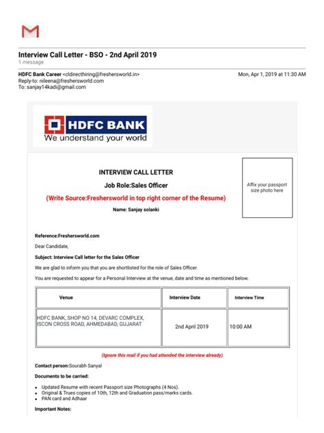 Hdfc Interview Call Letter Bso 2nd April 2019 Pdf