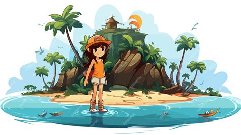 Serene Girl On Island Vector Cartoon Illustration Premium Ai
