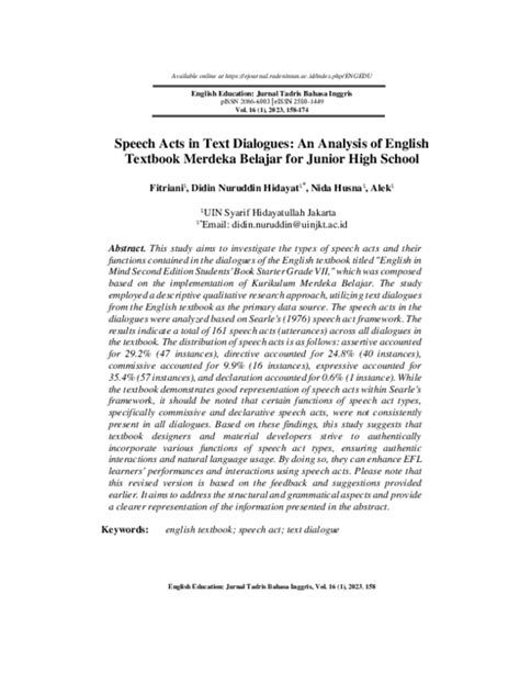 Pdf Speech Acts In Text Dialogues An Analysis Of English Textbook
