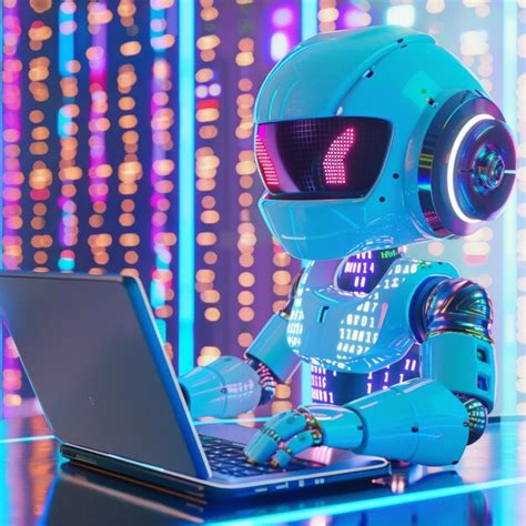 Coding Companion Robot A Vibrant Blue Robot Typing On A Laptop With A