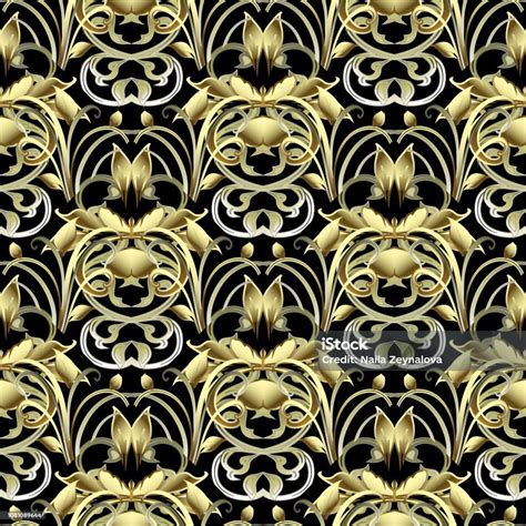 골드 화려한 3d 바로크 다 마 스크 패턴 원활한 벡터 꽃 엘 0명에 대한 스톡 벡터 아트 및 기타 이미지 0명 골동품 금 금속 Istock