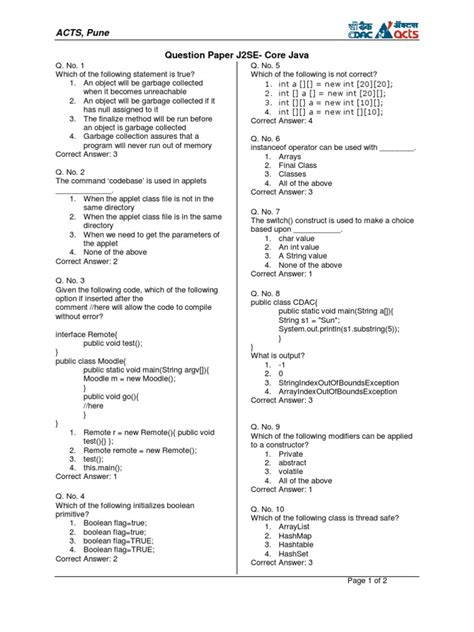 Acts Pune Question Paper J2se Core Java Pdf Java Programming