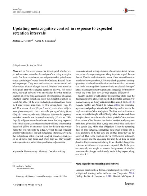 Pdf Updating Metacognitive Control In Response To Expected Retention Intervals Joshua
